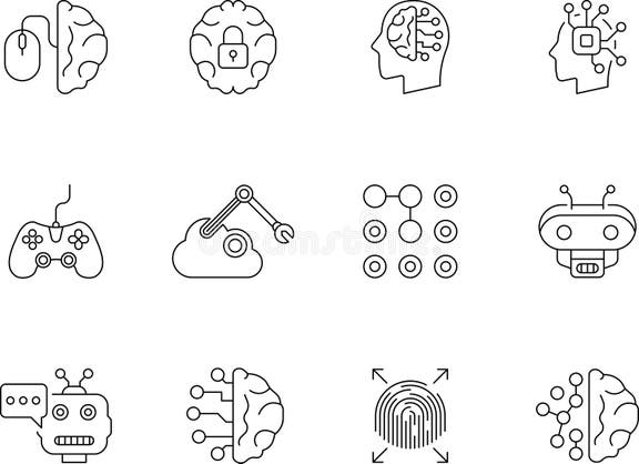 Artificial Intelligence AI Icon in Line Style, Machine Learning, Smart Robotic, Cloud Computing ...