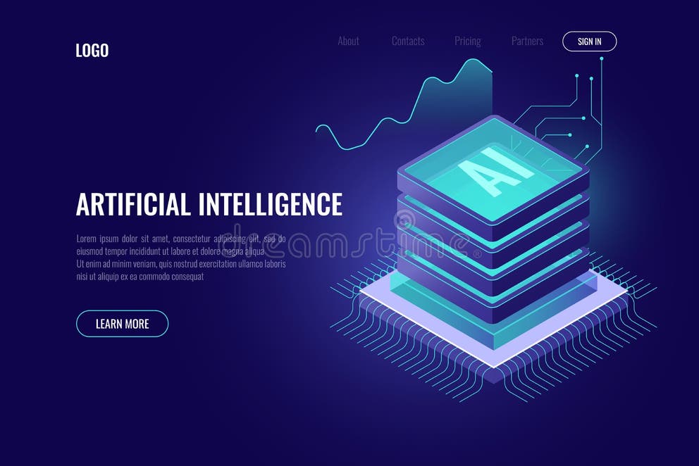 Artificial Intelligence, AI Isometric Icon, Computer Brain, Server Room ...