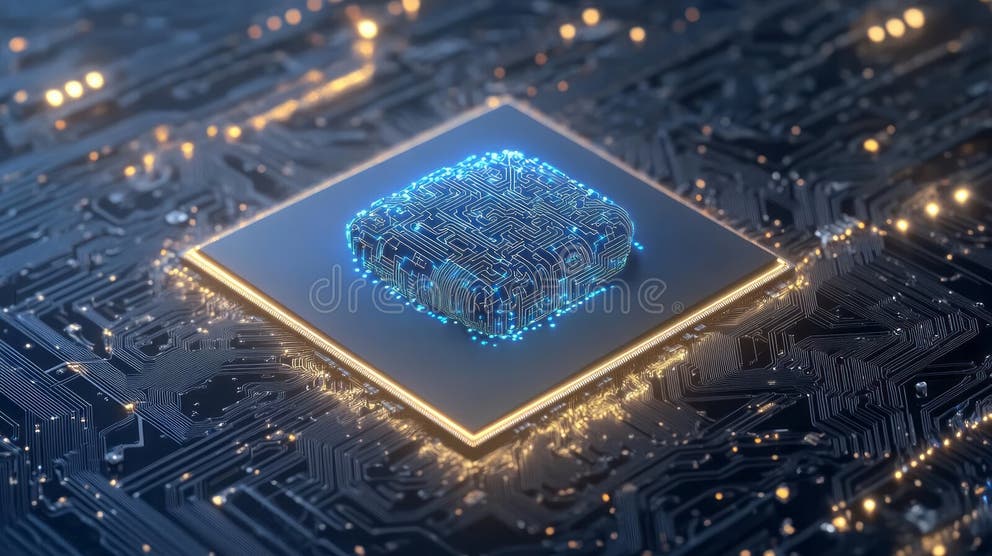 Artificial Intelligence AI and Machine Learning Concept. Computer Processor Chip with Microchip ...