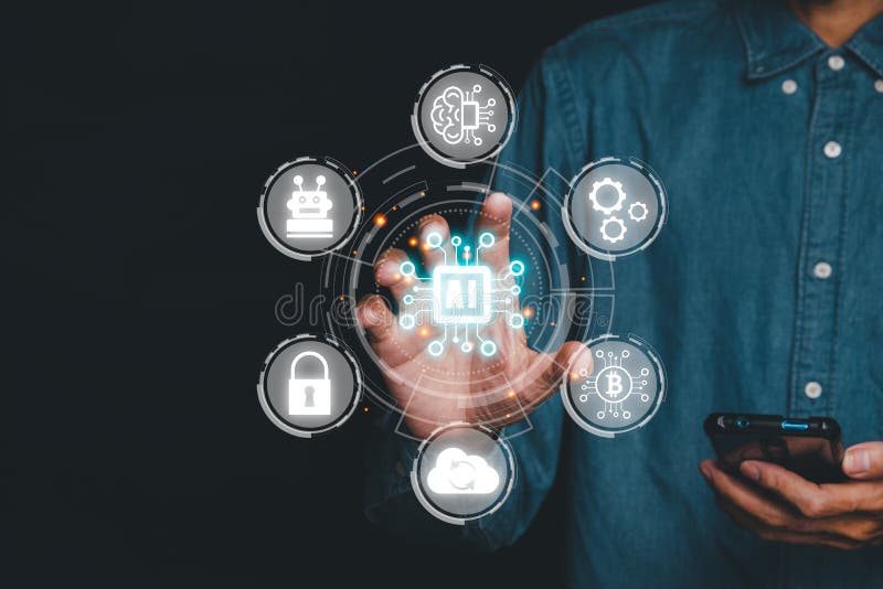 Artificial Intelligence AI, Person Hand Holding Holographic Brain ...