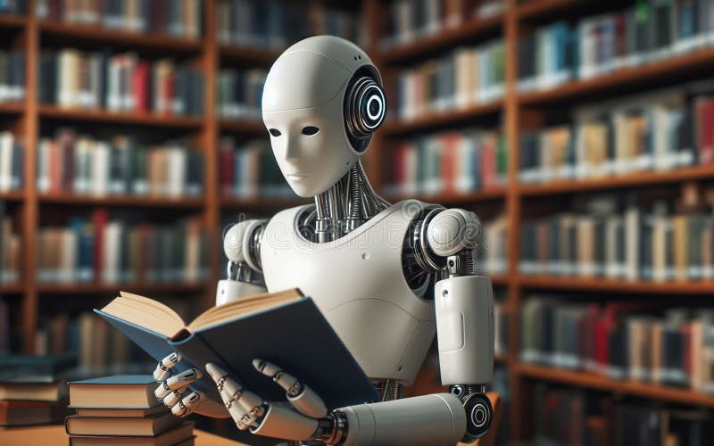 Artificial Intelligence or AI Robot Reads a Book in the Library Concept ...