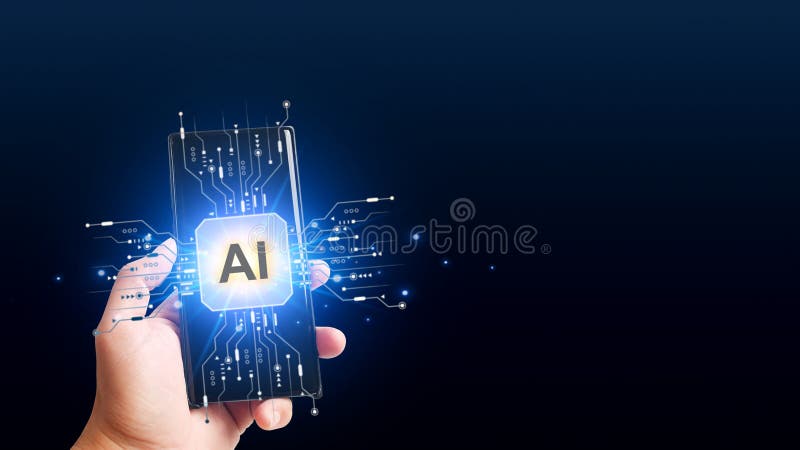 Artificial Intelligence AI, Smartphone Machine Learning on Dark Blue ...