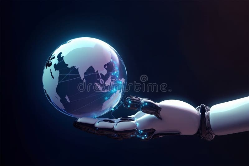 Artificial Intelligence Android Hand Holding Planet Earth. Generative ...