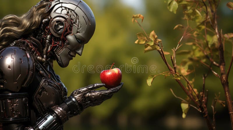 Artificial Intelligence Android Looking at a Red Apple. AI Cyber Robot ...