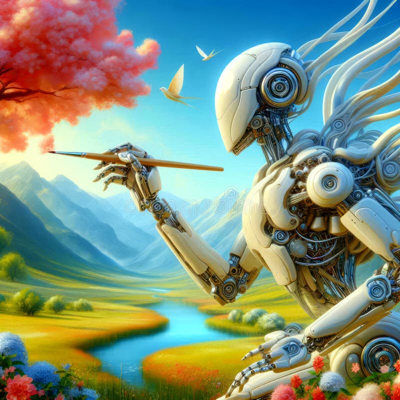 AI robot painting flowers stock illustration. Illustration of advance ...