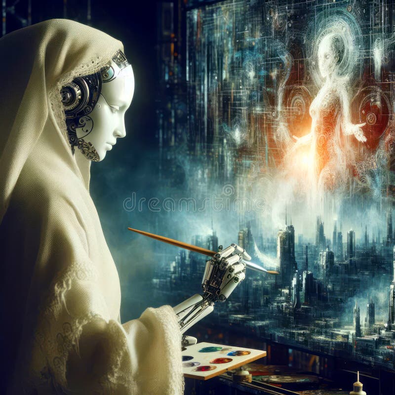 AI Robot Painting Dystopian City Stock Illustration - Illustration of ...