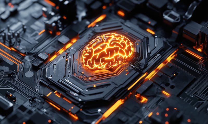 Artificial Intelligence Brain on Circuit Board with Glowing Orange ...