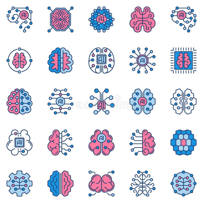 Artificial Intelligence Brain Colored Icons. Vector AI Cyberbrain Signs ...