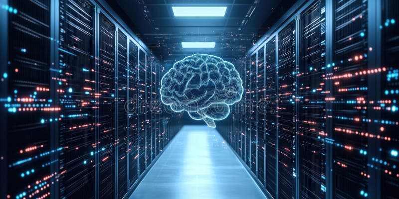 Artificial Intelligence Brain Concept Over Data Center with Server ...