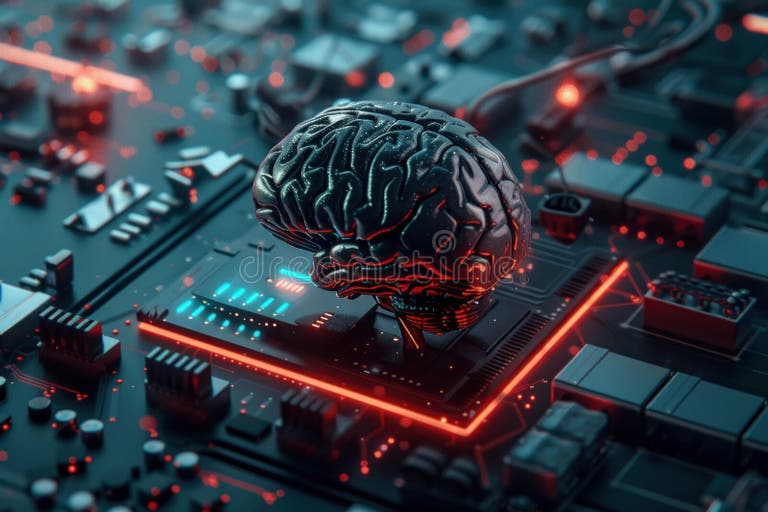 Artificial Intelligence Brain Floating Over Motherboard Circuit Machine ...
