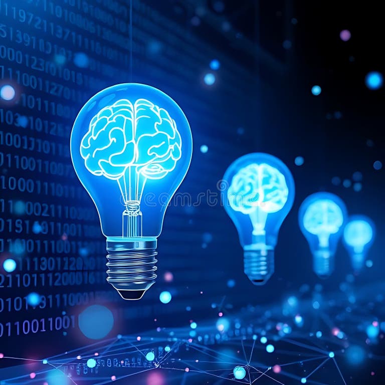 Artificial Intelligence Brain Inside a Light Bulb on a Tech Background ...