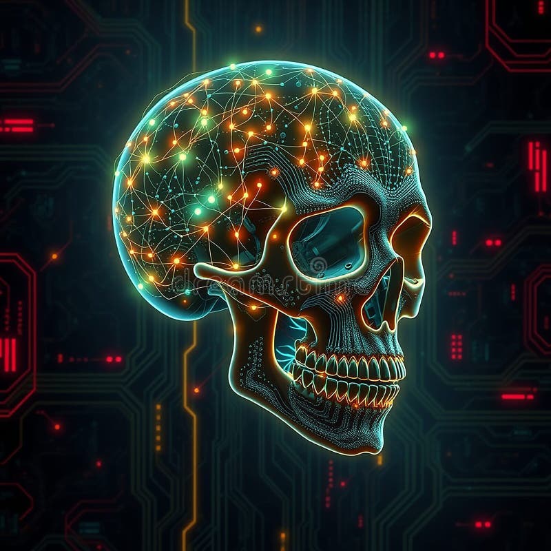 Artificial Intelligence Brain and Skull with Glowing Neural Network and Cybernetic Data Flow AI ...