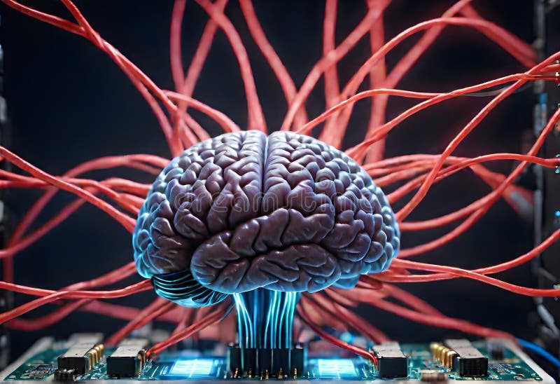 Artificial Intelligence. Brains with Glowing Neurons Connected To CPU ...