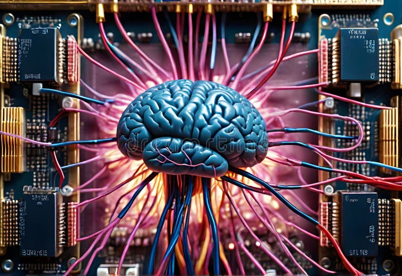 Artificial Intelligence. Brains with Glowing Neurons Connected To CPU ...