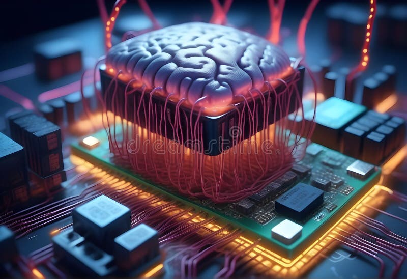 Artificial Intelligence. Brains with Glowing Neurons Connected To CPU ...