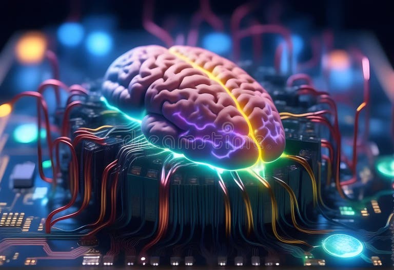 Artificial Intelligence. Brains with Glowing Neurons Connected To CPU ...