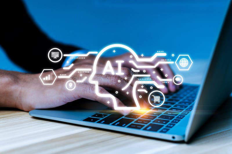 Artificial Intelligence. Businessman Working on Laptop Computer with AI ...
