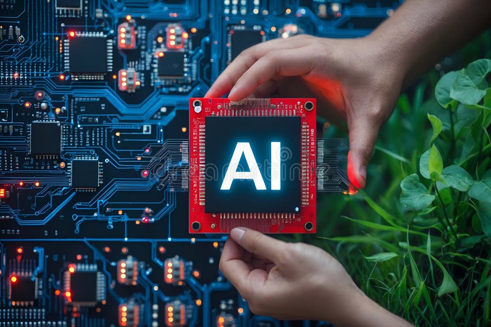 Artificial Intelligence Chip Held by Hands with Technology and Nature ...