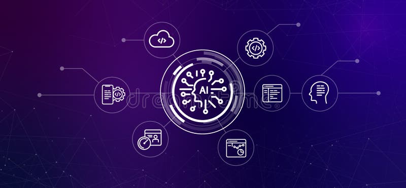 Artificial Intelligence in Coding and Software Development Icons Representing Software Related ...