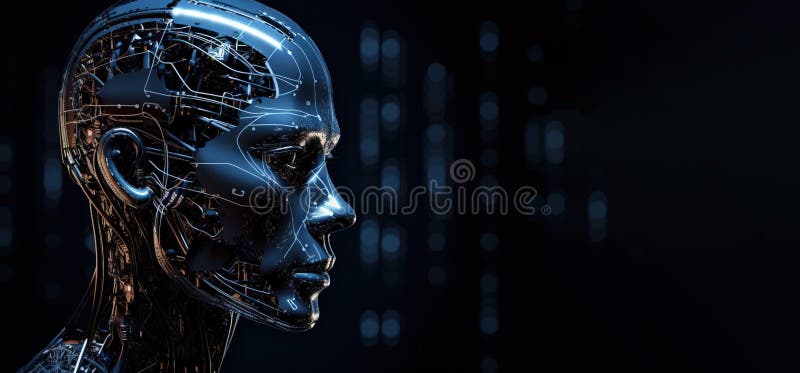 Artificial Intelligence, Composition of a Chrome Cyborg Robot on a Dark ...