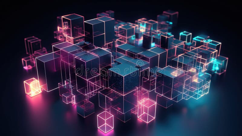 Artificial Intelligence, Composition of Neon Brain Cubes on a Dark ...