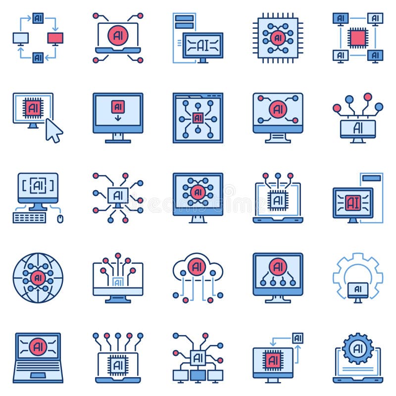 Artificial Intelligence Computer Colored Icons Set. AI PC Technology ...