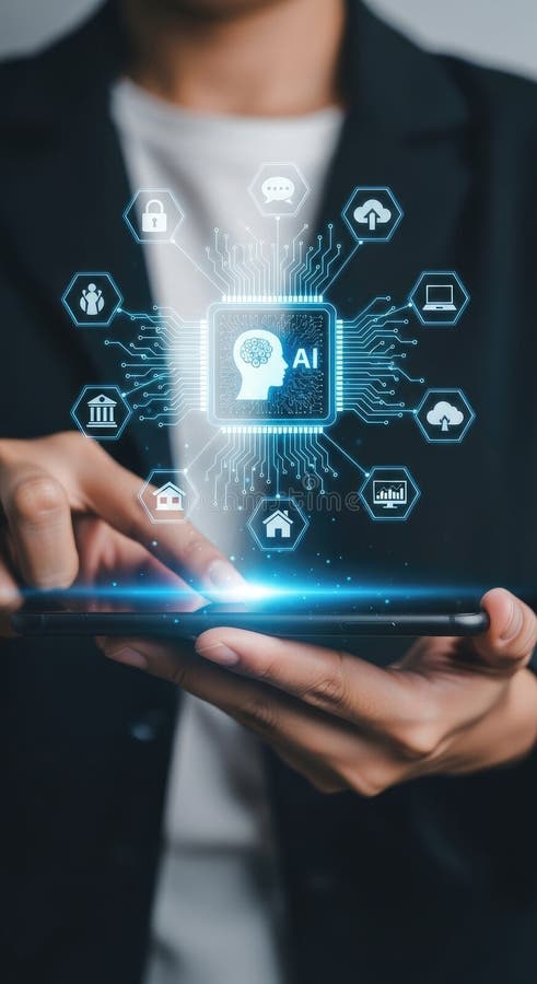 Artificial Intelligence Concept, AI Brain Chip, Glowing Network, Person Interacting with Smart ...