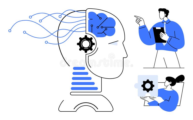 Artificial Intelligence Concept with Data Flow, Human Brain and Team Collaboration Stock Vector ...