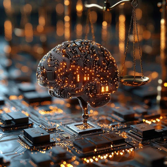 AI Ethics and Justice Electronic Brain on Scales of Justice Displaying ...