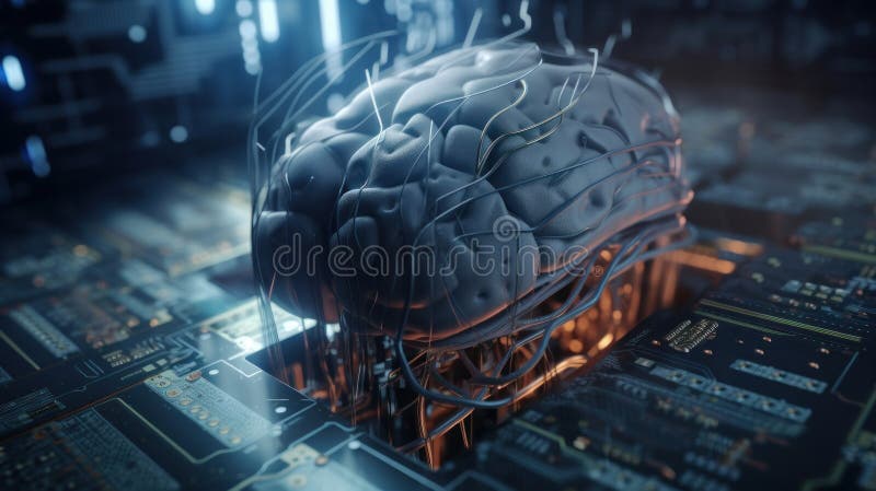 An Android Head with Glowing Eyes and Digital Brain Stock Illustration ...