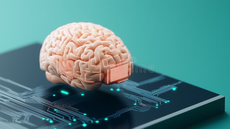 Artificial Intelligence Concept with a Digital Brain on a Teal Circuit ...