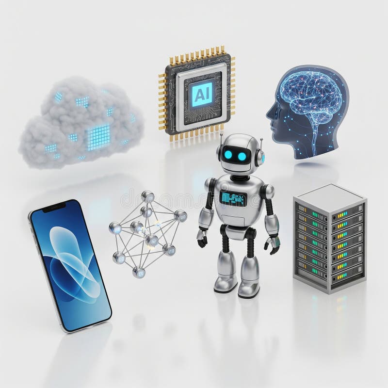 Artificial Intelligence Concept with Robot, Brain, Cloud, Chip, Server, Phone and Network ...