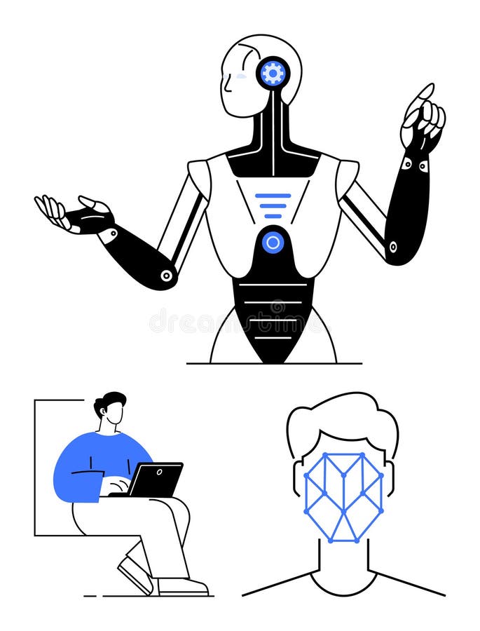 Artificial Intelligence Concept with Robot, Facial Recognition, and Man Using Laptop Stock ...
