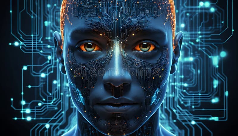 Artificial Intelligence Concept, Robotic Face with Glowing Circuits and ...