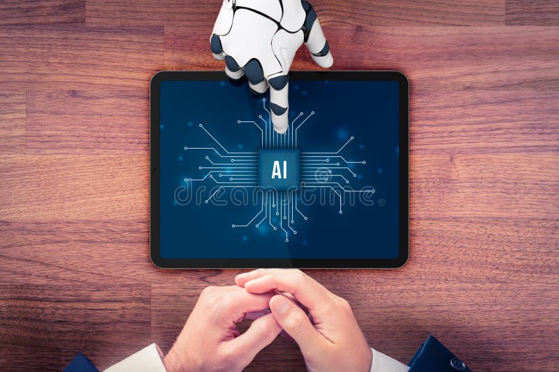 Artificial Intelligence Concept with Robotic Hand Pointing at Tablet ...