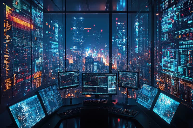 Artificial Intelligence Controls the City, Control Center, Monitors for ...