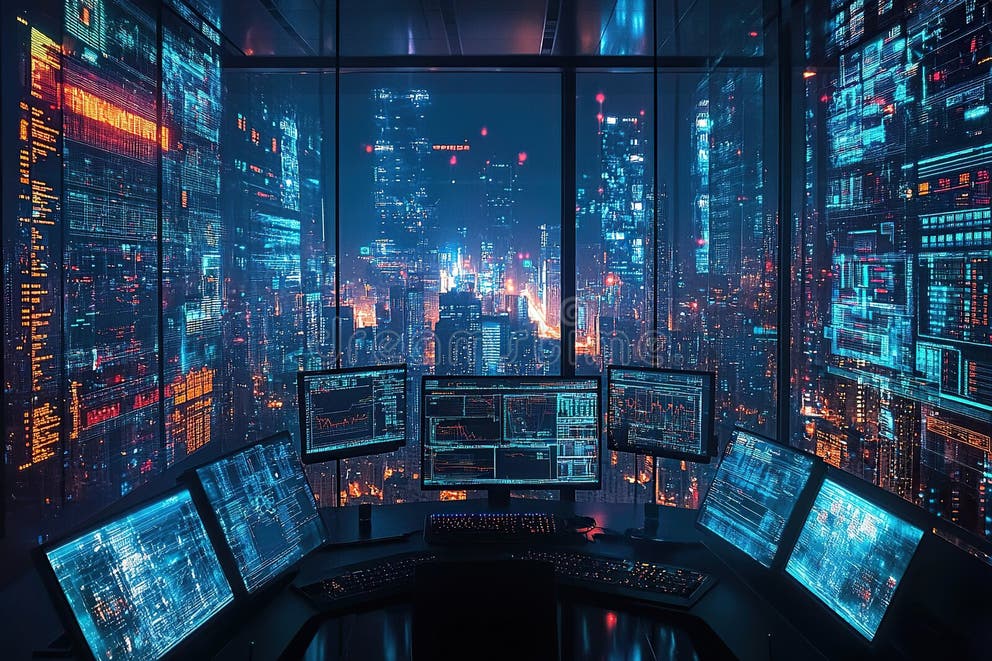 Artificial Intelligence Controls the City, Control Center, Monitors for ...