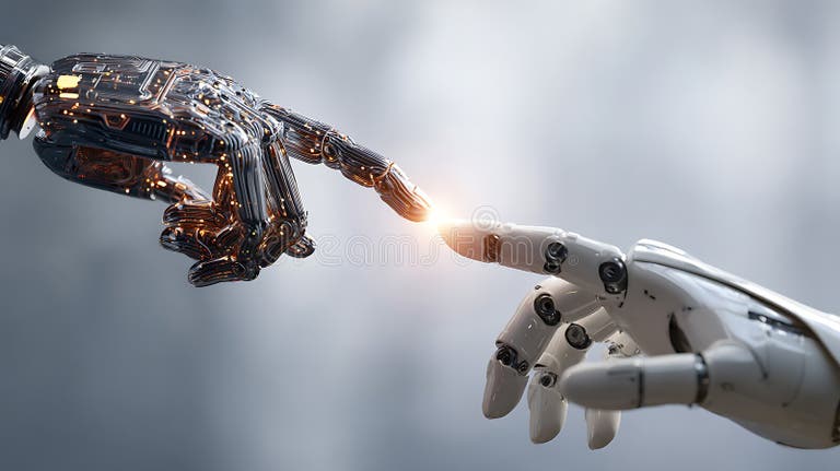 Artificial Intelligence Convergence Two Robot Hands Touching Digital ...