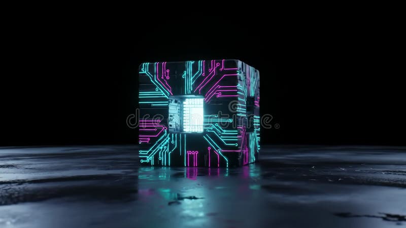 Artificial Intelligence Core Glowing within a Futuristic Circuit Board Cube, Symbolizing ...