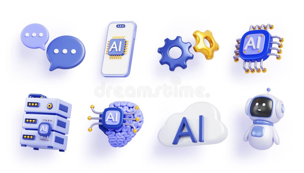Artificial Intelligence 3d Render Icon Set. Chatbot Robot, Ai Chip ...