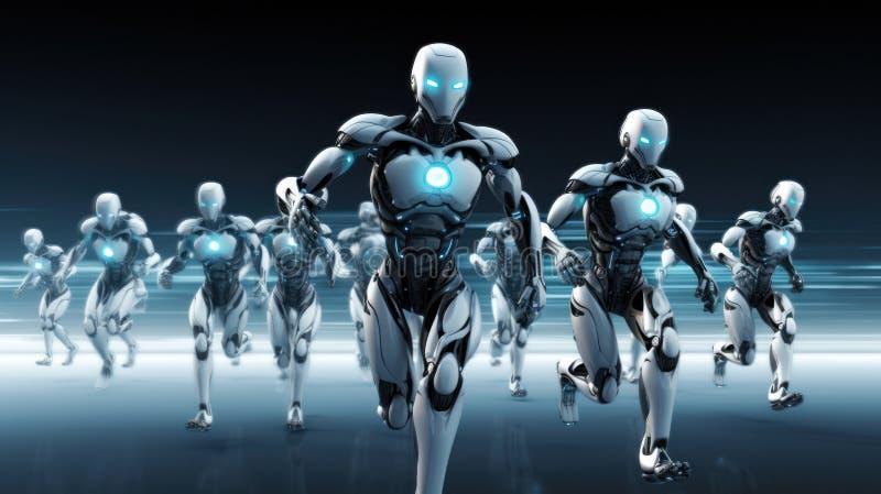 Artificial Intelligence 3D Robots Running on Solid Background with Copy ...