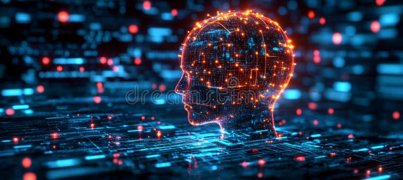 Artificial Intelligence 3D Wireframe Head Glowing with Data on Circuit Board for AI Concept ...