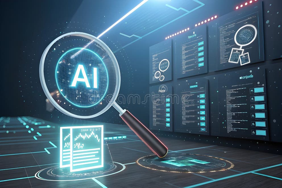 Artificial Intelligence and Data Analysis Concept Featuring Magnifying Glass and Futuristic ...