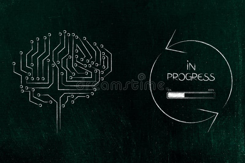 Microchip Brain with in Progress Sign Next To it with Arrows and ...