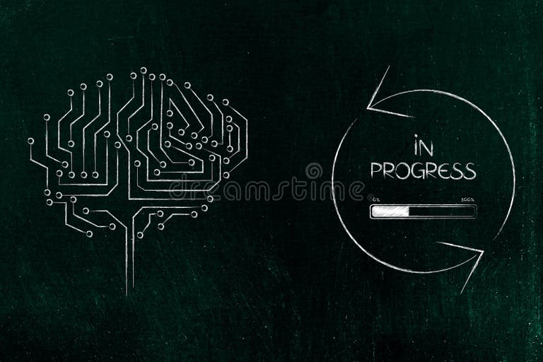 Microchip Brain with in Progress Sign Next To it with Arrows and ...