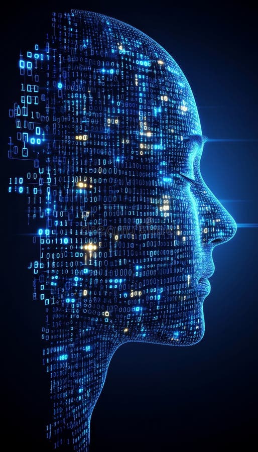Digital Human Face with Binary Code Overlay in Teal Color Palette Stock ...