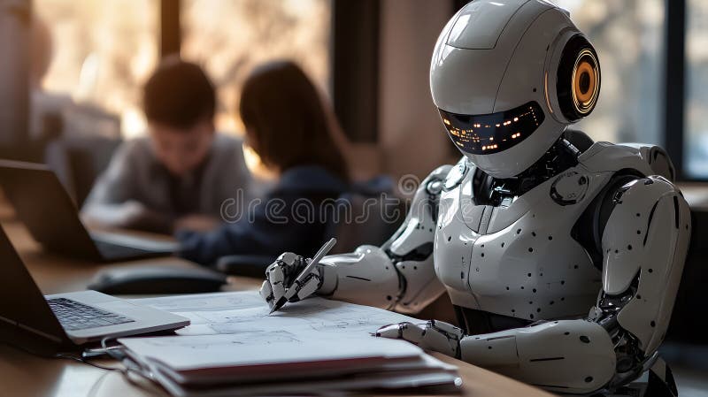 Artificial Intelligence in Education. Robot Student Sits at a Desk in ...