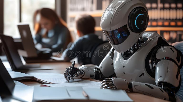 Artificial Intelligence in Education. Robot Student Sits at a Desk in ...