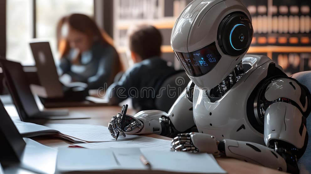 Artificial Intelligence in Education. Robot Student Sits at a Desk in ...
