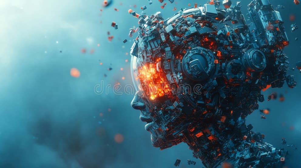 Artificial Intelligence Exploding Head with Glowing Eyes and Complex ...